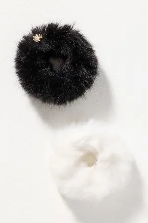 Lele Sadoughi Aspen Faux Fur Scrunchies Set Of 2 Black & White Pattern