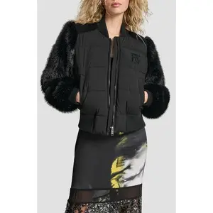 Dkny Cropped Faux Fur Sleeve Bomber Jacket