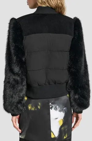 Dkny Cropped Faux Fur Sleeve Bomber Jacket