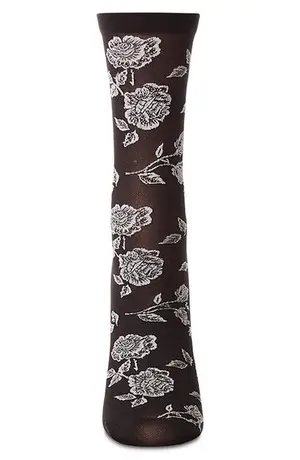 MEMOI Floral Sheer Crew Socks - Black