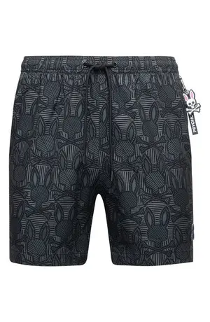 Psycho Bunny Reeves Bunny Print Swim Trunks - Black