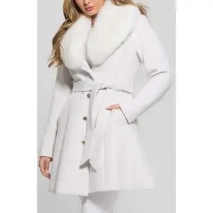 Guess Eve Belted Coat With Faux Fur Collar - White