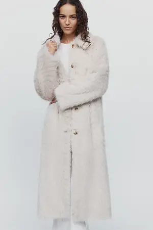 Maeve Faux Fur Channeled Long Coat - Neutral Pattern
