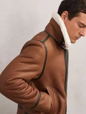 REISS Harven Leather Shearling-collar Jacket - Cognac Brown