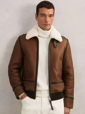 REISS Harven Leather Shearling-collar Jacket - Cognac Brown