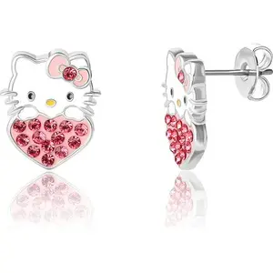 HELLO KITTY Enamel And Crystal Head On Heart Stud Earrings - Pink/ White