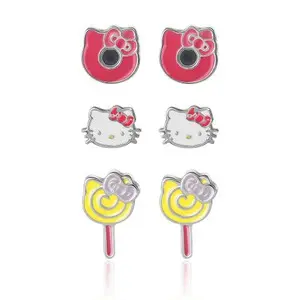 HELLO KITTY Set Of 3 Stud Earrings - Pink/ Blue/ Yellow