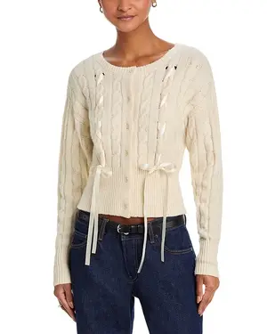 Steve Madden Cable Knit Cardigan With Ribbon Ties - Cream