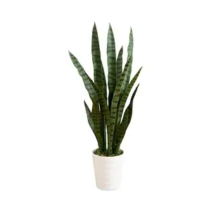 NEARLY NATURAL 3' Uv Resistant Artificial Sansevieria Plant In White Decorative Planter - Green