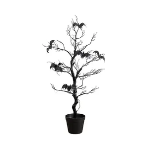 NEARLY NATURAL 3' Pre-lit Artificial Halloween Spooky Twig Tree With Bats And 100 Orange & Purple Led Lights - Black