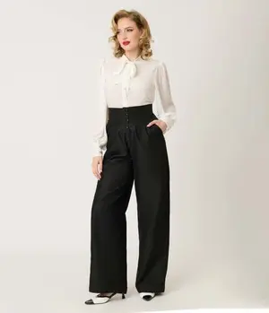 Unique Vintage High Waist Wide Leg Trousers - Black Solid