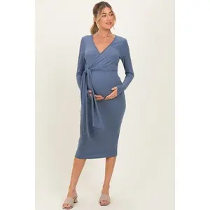 PINKBLUSH Ribbed Long Sleeve Maternity Wrap Dress - Denim