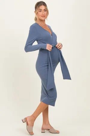 PINKBLUSH Ribbed Long Sleeve Maternity Wrap Dress - Denim