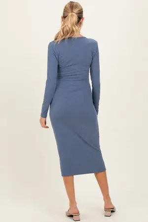 PINKBLUSH Ribbed Long Sleeve Maternity Wrap Dress - Denim