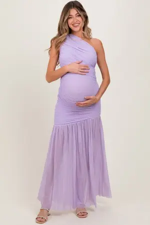 PINKBLUSH Ruched Mesh One Shoulder Maxi Dress - Lavender