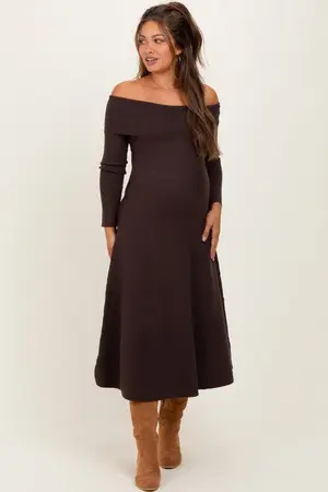 PINKBLUSH Off Shoulder Maternity Sweater Midi Dress - Brown