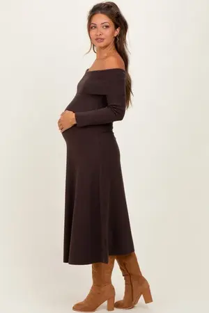 PINKBLUSH Off Shoulder Maternity Sweater Midi Dress - Brown