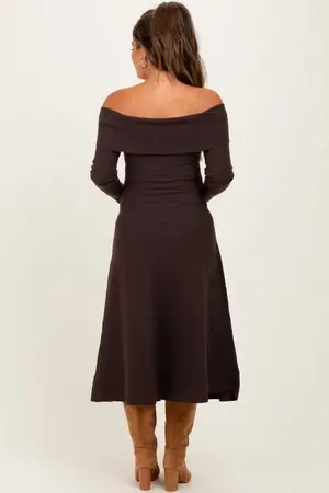 PINKBLUSH Off Shoulder Maternity Sweater Midi Dress - Brown