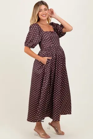 PINKBLUSH Polka Dot Square Neck Maternity Midi Dress - Brown