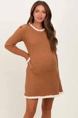 PINKBLUSH Ribbed Knit Ruffle Trim Mini Dress - Camel