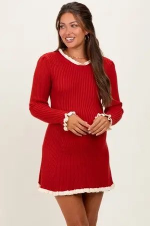PINKBLUSH Ribbed Knit Ruffle Trim Mini Dress - Red