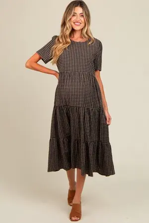 PINKBLUSH Gingham Tiered Midi Dress - Black