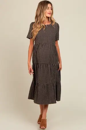 PINKBLUSH Gingham Tiered Midi Dress - Black