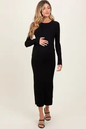 PINKBLUSH Ribbed Knit Fitted Midi Sweater Dress - Black