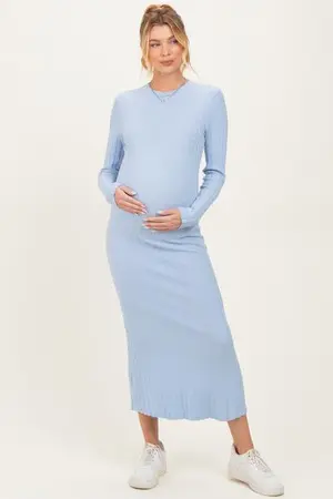 PINKBLUSH Ribbed Knit Fitted Midi Sweater Dress - Light Blue