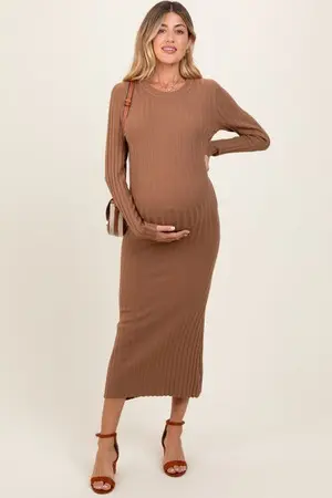 PINKBLUSH Ribbed Knit Fitted Midi Sweater Dress - Mocha