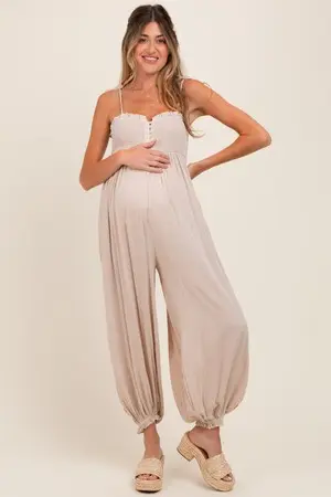 PINKBLUSH Smocked Button Front Shoulder Tie Jumpsuit - Beige