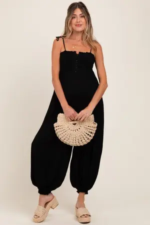 PINKBLUSH Smocked Button Front Shoulder Tie Jumpsuit - Black