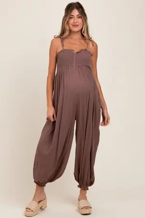 PINKBLUSH Smocked Button Front Shoulder Tie Jumpsuit - Mocha
