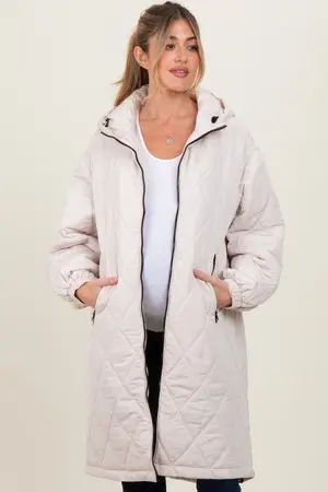 PINKBLUSH Quilted Long Puffer Jacket - Beige