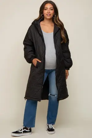 PINKBLUSH Quilted Long Puffer Jacket Black