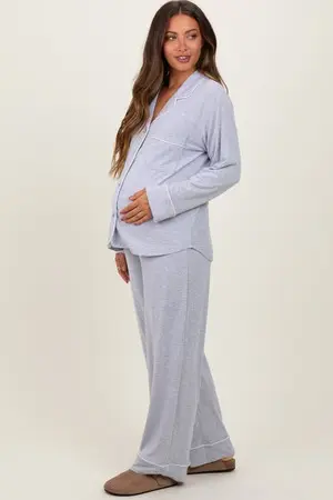 PINKBLUSH Button Down Top Wide Leg Pant Pajama Set - Heather Grey