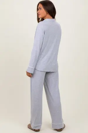 PINKBLUSH Button Down Top Wide Leg Pant Pajama Set - Heather Grey