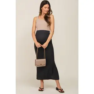 PINKBLUSH Ribbed Side Slit Maternity Midi Skirt - Black