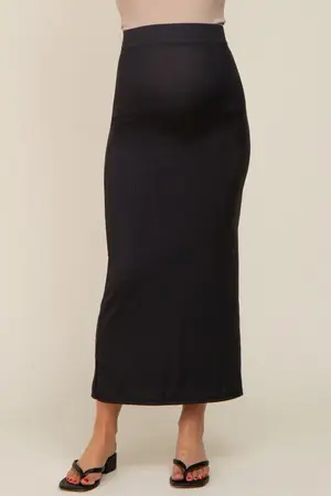 PINKBLUSH Ribbed Side Slit Maternity Midi Skirt - Black