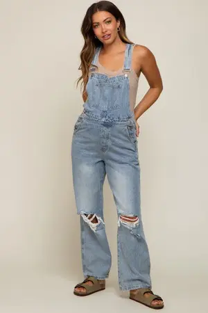 PINKBLUSH Wash Distressed Maternity Overalls - Light Blue