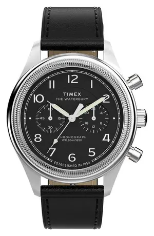 TIMEX® Waterbury Metropolitan Chronograph Leather Strap Watch - Black