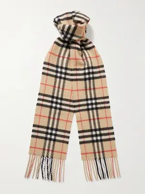 Burberry Fringed Checked Cashmere Scarf - Beige