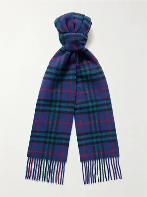 Burberry Fringed Checked Cashmere Scarf - Blue