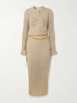 SELF-PORTRAIT Belted Ruffled Metallic Ribbed-knit Midi Dress