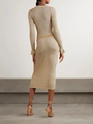 SELF-PORTRAIT Belted Ruffled Metallic Ribbed-knit Midi Dress