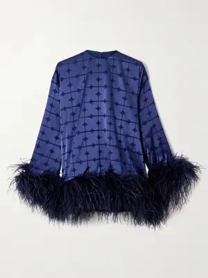 DIMA AYAD Geometric Feather-trimmed Devoré-satin Blouse - Blue