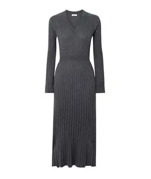 Brunello Cucinelli Ribbed Wool Midi Dress - Dark Gray