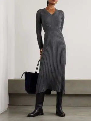 Brunello Cucinelli Ribbed Wool Midi Dress - Dark Gray