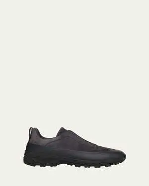 Zegna Triple Stitch Monte Suede And Leather Slip-on Sneakers - Navy Blue