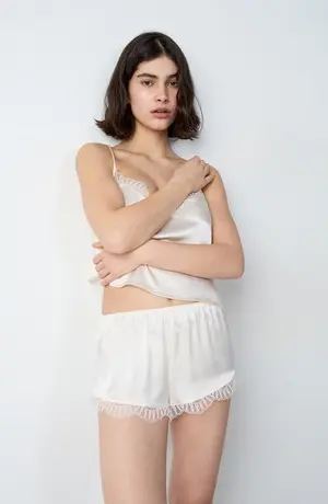 ETAM Lace Trim Silk Shorts - Ecru